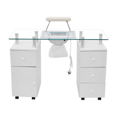 White Wooden Dressing Table Mirror Desk with 4 Castors and Dust Collector