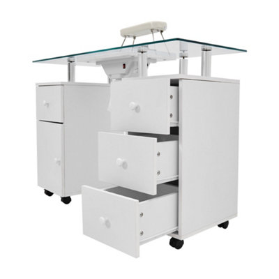 White Wooden Dressing Table Mirror Desk with 4 Castors and Dust Collector