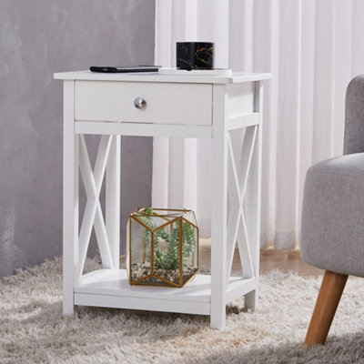 White Wooden One Drawer Bedside Table for Living Room 40cm W x 30cm D x 55.5