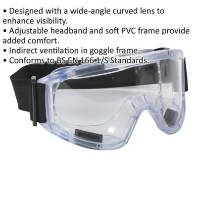 Wide Angled Safety Goggles - Indirect Ventilation - Adjustable Headband ...