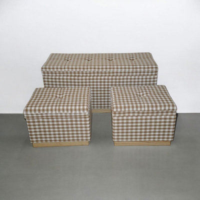 Wide Rectangle Chequered Standard Ottoman with Storage (Set of 3) - Wood