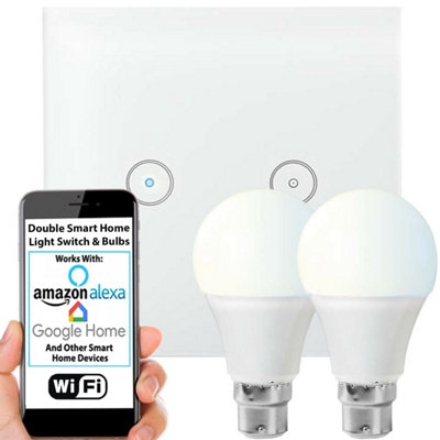 WiFi Light Switch & Bulb 2x 10W B22 Cool White Lamp & Double Wireless ...