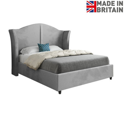 Wiggonholt Curved Winged Upholstered Grey Soft Velvet Bed Frame