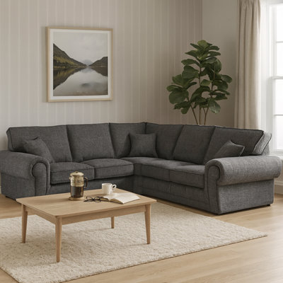 Wilcot Grey Fabric 5 Seater Corner Sofa L Shaped Corner Sofa High Back