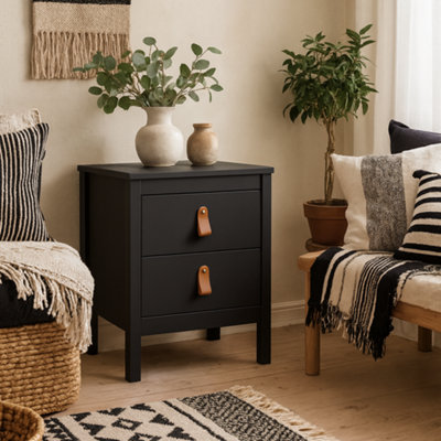 Wildberry Matt Black Bedside Table 2 Drawers Leather Handles