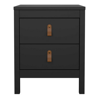 Wildberry Matt Black Bedside Table 2 Drawers Leather Handles