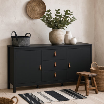 Wildberry Matt Black Sideboard 2 Doors 3 Drawers Leather Handles