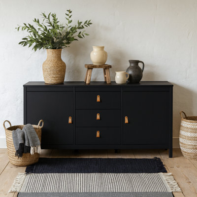 Wildberry Matt Black Sideboard 2 Doors 3 Drawers Leather Handles