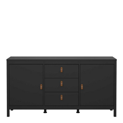 Wildberry Matt Black Sideboard 2 Doors 3 Drawers Leather Handles