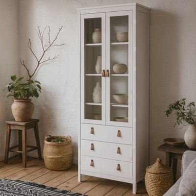 Wildberry Matt White Wooden Display Cabinet, 2 Glass Doors, 3 Drawers ...