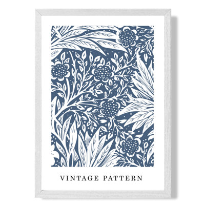 William Morris Vintage Floral in Blue Art Print with White Frame SIZE: A4