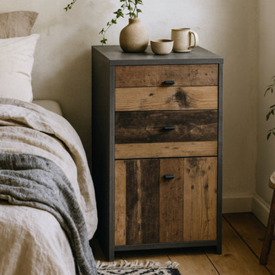 Willowmere Vintage Wood Chest Storage Cabinet 2 Drawers 1 Door, Brown
