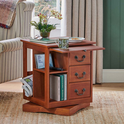 Winchcombe Rotating 4 in 1 Storage Table Oak Veneer Swivel Side Table with Magazine Rack Pull Out Tray 2 Shelves 3 Drawers
