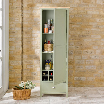 Winchcombe Slimline Larder Versatile Slimline Kitchen or Pantry Food Storage Cupboard with 3 Shelves Wine Rack Drawer Sage