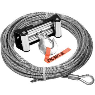 WINCHMAX Steel Rope 26m X 9.5mm, Hole Fix. 3/8 Hook. Black Roller ...