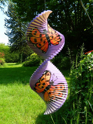 Wind Spinner Wooden Spiral Mobile Garden Ornament - Purple Butterflies 40cm