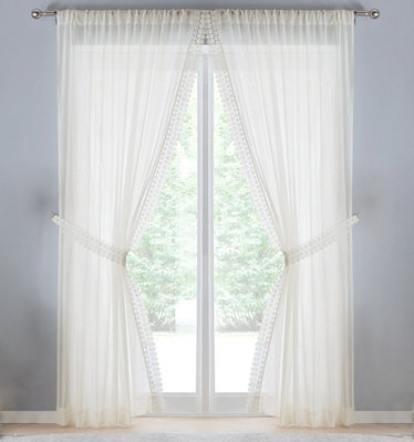 Windsor Cream Crushed Voile Panel with Marame Trim and Tie Back - Pair ...
