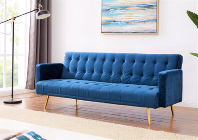 Windsor Luxury Fabric Sofa Bed Blue Velvet with Metal Gold Legs Clic ...