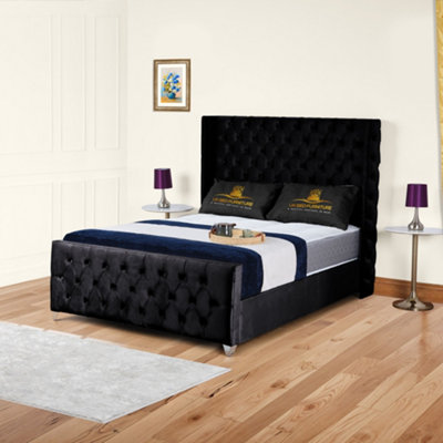 Windsor Wingback Black Plush Valvet Upholstered Gas Lift Ottoman ...