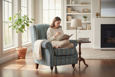 Wing Chair Genuine Fireside High Back Armchair Aqua Stripe Real Velvet ...