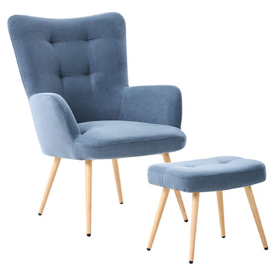 Wingback Chair VEJLE with Footstool Velvet Dark Blue