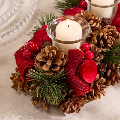 Winter Red Rose Trio Tealight Xmas Table Decoration Centrepiece ...
