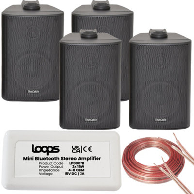Wireless Bluetooth Amplifier & 4x 4" 70W Black Wall Mounted Speakers ...