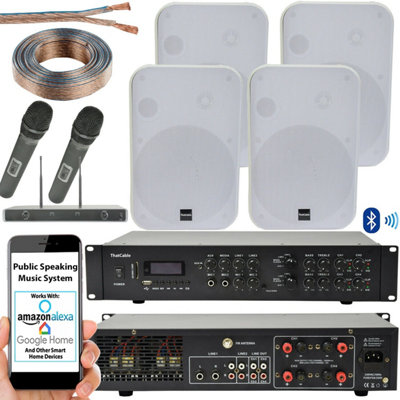 Wireless Microphone Public Address System 4x White 200W Wall Speakers ...