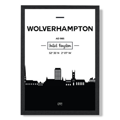 Wolverhampton Black and White City Skyline Medium Poster with Black ...