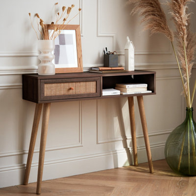 Wood and cane rattan Scandi-style console table 100x30x81cm - Boheme ...