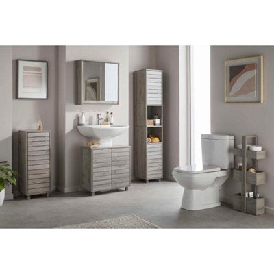 Wood Effect Bathroom Storage Tallboy Cabinet in Light Grey
