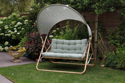 Wood Effect Folding Double Swing Chair with Canopy