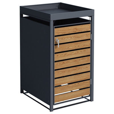 Wood Effect Galvanized Steel Wheelie Bin Cover Storage Single With Planter
