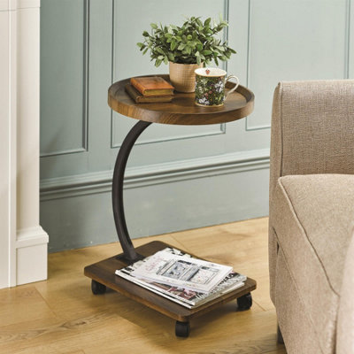 Wood Effect Side Table with Castors & Round Tabletop - Modern Wheeled ...