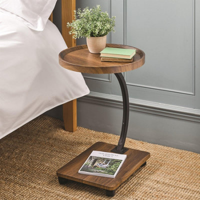 Wood Effect Side Table with Castors & Round Tabletop - Modern Wheeled ...