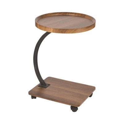 Wood Effect Side Table with Castors & Round Tabletop - Modern Wheeled ...