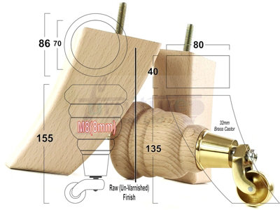 WOOD FURNITURE FEET 2x WITH CASTORS 2x CURVED BACK REPLACEMENT LEGS FOR ...
