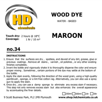 Wood Stain Dye MAROON, Water Based, Non Toxic, Interior Use 1ltr