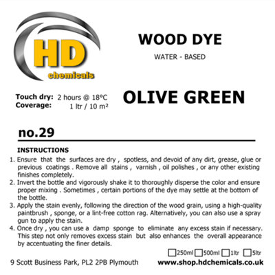 Wood Stain Dye OLIVE GREEN , Water Based, Non Toxic, Interior Use 1ltr