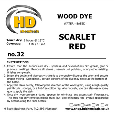Wood Stain Dye SCARLET RED, Water Based, Non Toxic, Interior Use 500ml