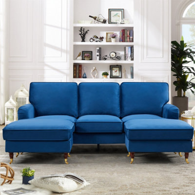 Woodbury 218cm Wide U-Shaped Blue Velvet Fabric Corner Sofa Walnut Colour Legs with Brass ...