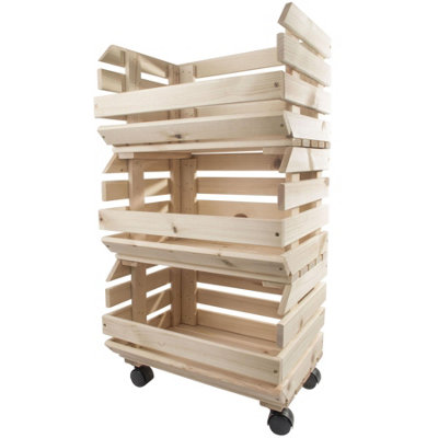 WOODEEDOO 3-TIER STACKABLE WOODEN VEGETABLE RACK STORAGE CRATE SET WITH ...