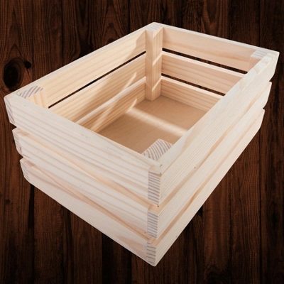 Woodeedoo Small Solid Wooden Crate Natural Pine Slatted Display Storage ...