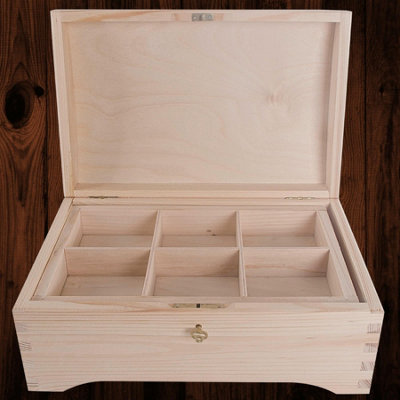 Woodeedoo Wooden Treasure Chest with Key Lock and 6 Compartments Inner ...