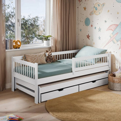 Wooden Bed Softi White - Crisp Pine Sleeper with Pull-Out Trundle and ...