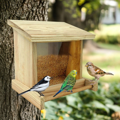 Wooden Bird Feeder Hopper Perch Stand Holder Bird House Feeder Squirrel ...