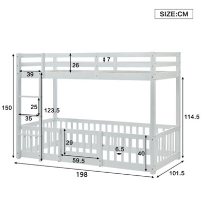 Wooden Bunk Beds Single Bed Frame,Fall Protection and Railings,White