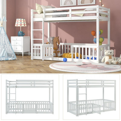 Wooden Bunk Beds Single Bed Frame,Fall Protection and Railings,White