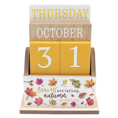 Wooden Calendar Block Perpetual Desk Office Weight Autumn Fall Theme ...