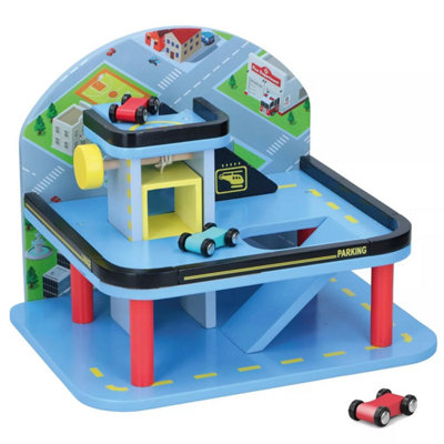 Wooden Car Garage Parking Playset with 2 Levels 1 Lift and 2 Cars for ...